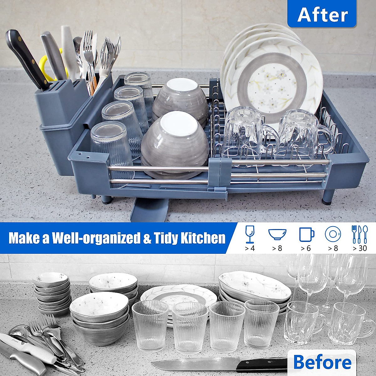 DOFIMATE Expandable Dish Drying Rack,Dish Racks with Drainboard,Multifunctional Stainless Steel Dish Rack for Kitchen Counter