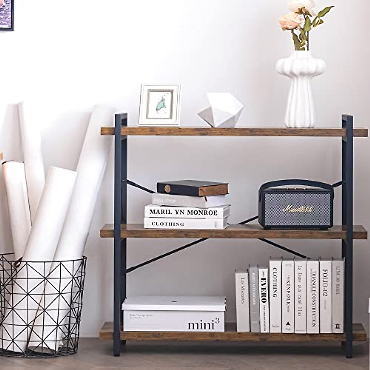 HCHQHS Bookshelf, 3-Tier Industrial Bookcase, Rustic Open Book Shelf, Wood and Metal Horizontal Bookshelves