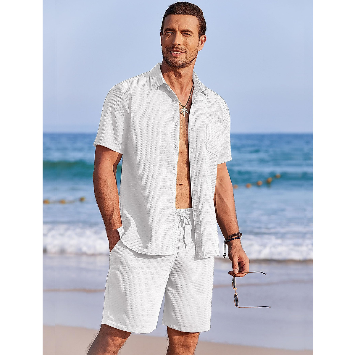 COOFANDY Men's Vacation Outfits Sets 2 Piece Button Up Shirt Hawaiian Short Sets