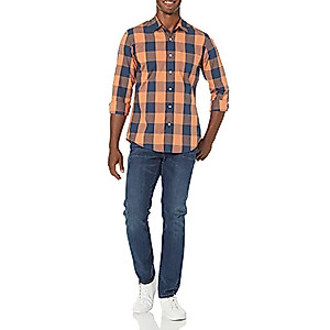 Amazon Essentials Men's Slim-Fit Long-Sleeve Poplin Shirt, Blue Orange Buffalo, Large