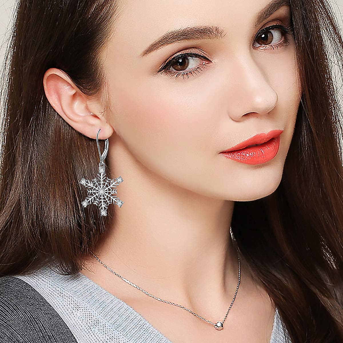 S925 Sterling Silver Snowflake Snow Dangle Drop Leverback Clasp Earrings for Women