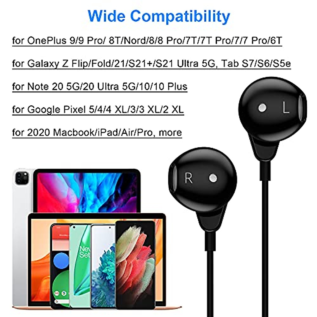 TITACUTE USB C Headphones for Samsung S23 Ultra S22 S21 S20 A53 Galaxy Z Flip Fold Digital Type C Earphone with Mic Noise Canceling Wired Earbuds for iPad 10 Pro Air Mini Pixel 7 6 6a OnePlus 11 Black