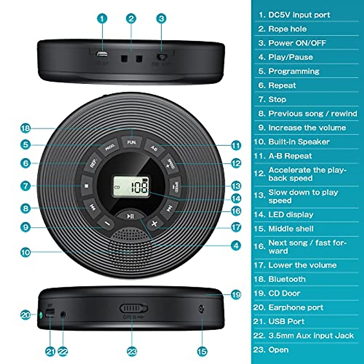 KOVCDVI Portable CD Player for Car Bluetooth CD Player with Speakers 1500mAh Rechargeable Battery Personal CD Players with Display Headphones Memory Function PROG Repeat Mode Supports USB MP3 AUX Play