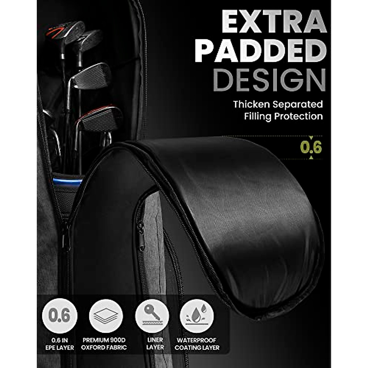 OutdoorMaster Padded Golf Club Travel Bag with Wheels, 900D Heavy Duty Oxford Waterproof -Alligators - Black + Gray