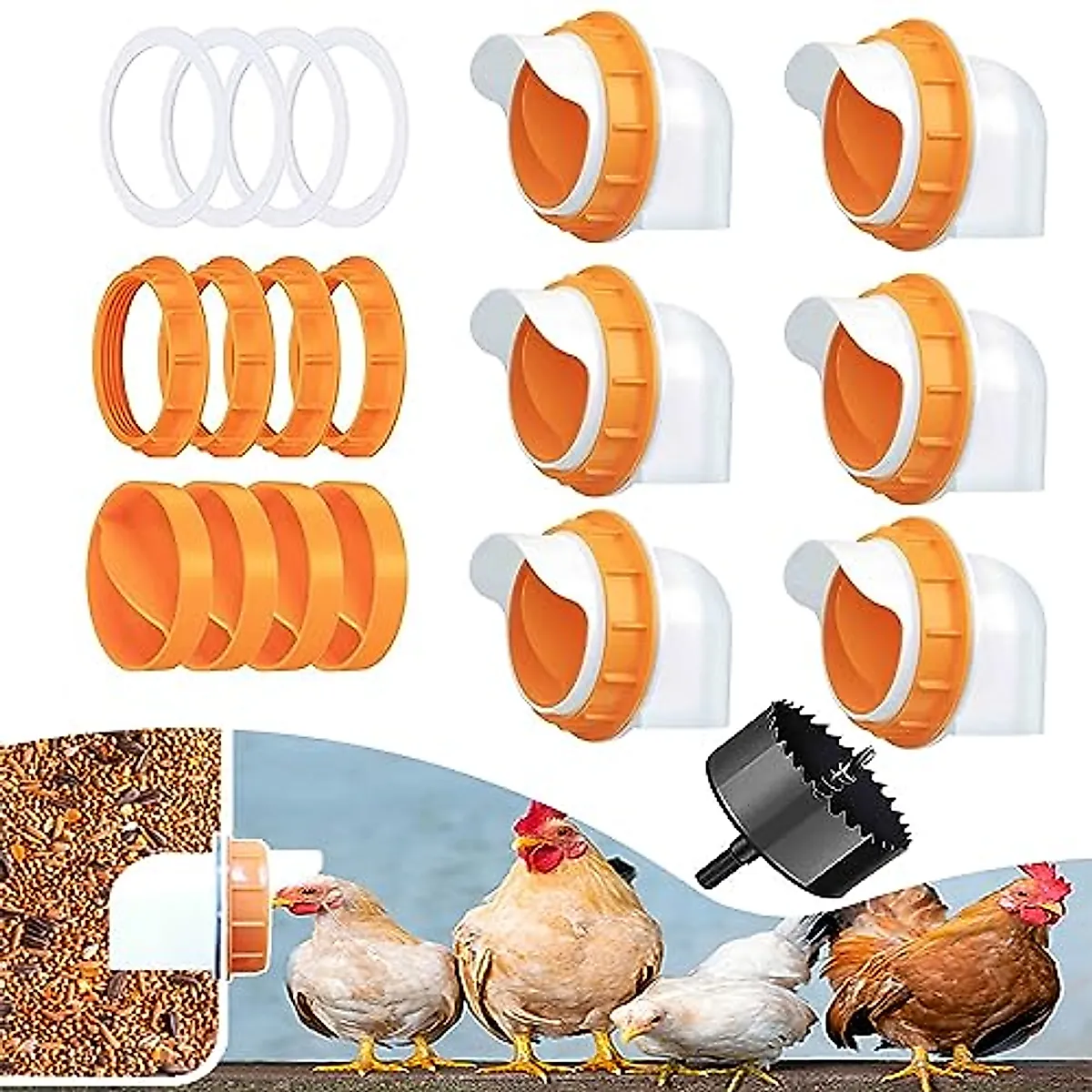 RTOSY DIY Chicken Feeder Port, 6 Pack No Waste Poultry Feeder Kit with Caps & Hole Saw, Rain Proof DIY Automatic Chicken Feeders for Buckets, Barrel, Bins (6 Ports & 1 Hole Saw)