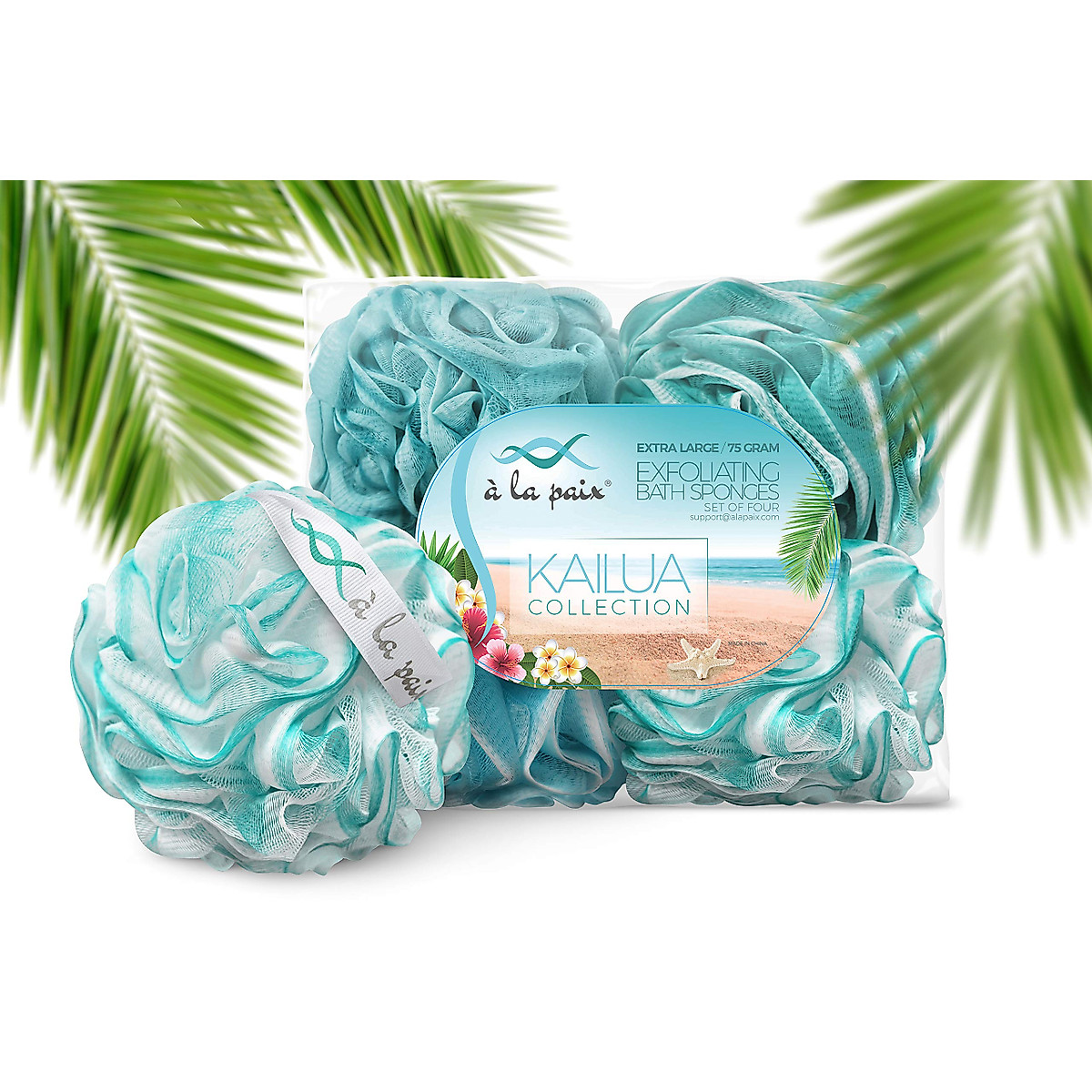 Loofah Bath Sponge XL 75g Set of 4 Ocean Colors by À La Paix - Soft Exfoliating Shower Lufa for Silky Skin - Long-Handle Mesh Body Poufs- Women and Men’s Luffas - Loufa Sponges- Full Cleanse & Lather