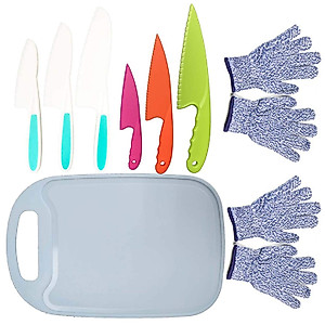 11PCS Kids Plastic Knife Set,Kids Safe Knife Set with 2 Pair Cut Resistant Gloves (Ages 6-12) & Cutting Board,Kids Cooking Tool BPA-Free ,Salad (Blue)