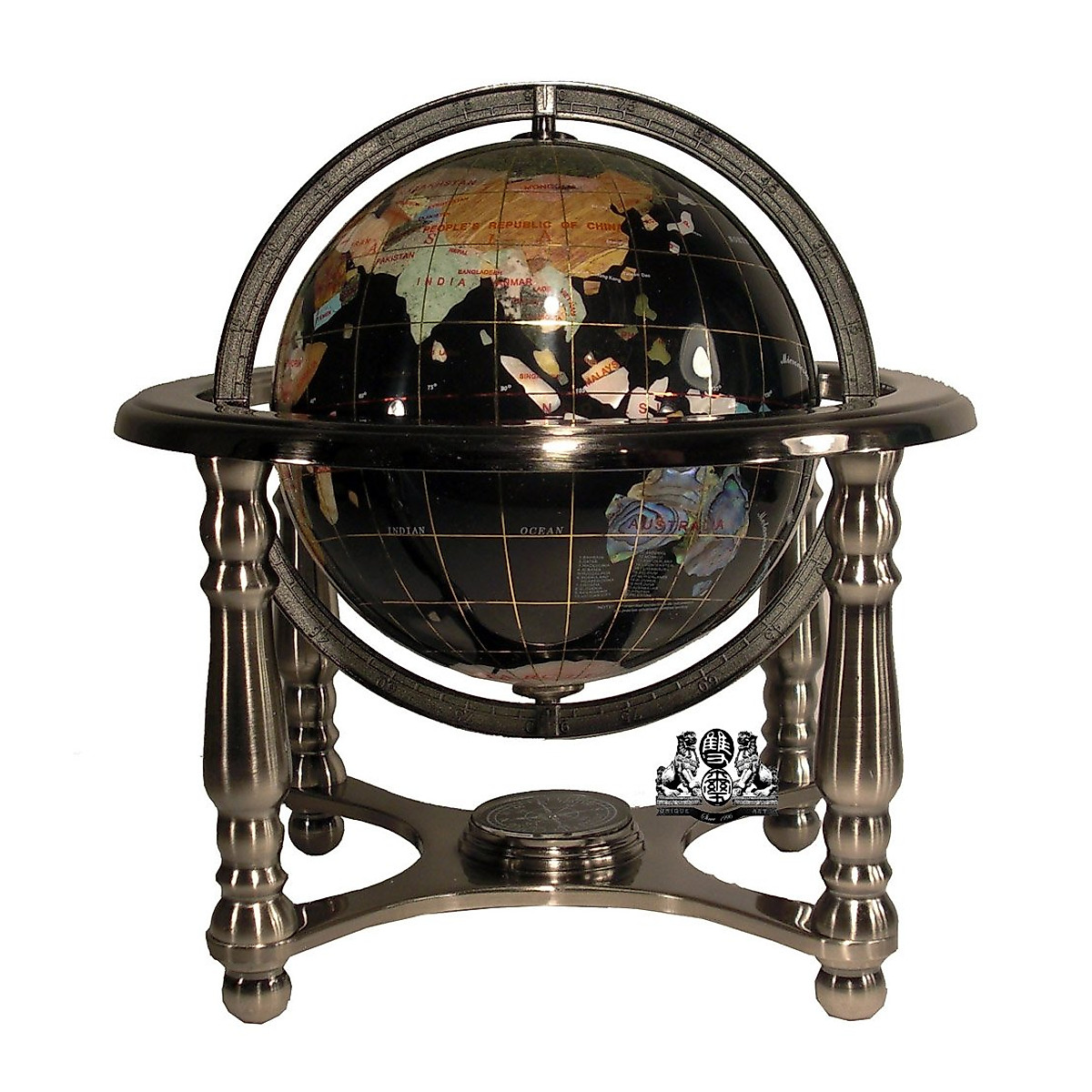 Unique Art 10-Inch Tall Black Onyx Ocean Gemstone World Globe with 4 Leg Silver Stand