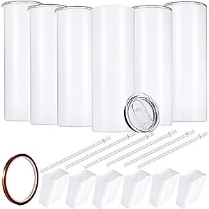 Sublimation Skinny Tumbler Straight Blank White 20oz - Sublimation Tumblers for Heat Transfer, Stainless Steel Coffee Cup with Shrink Wrap Sleeve & Heat Tape | Vinyl DIY Gifts, 6 Pack