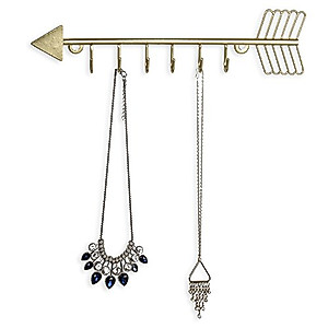 MyGift Brass Metal Arrow Jewelry Organizer, Wall Mounted Necklace Bracelet Hanging Rack with 6 Hooks