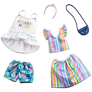 Barbie Clothes -2 Outfits for Barbie Doll Include a Top with ‘Weekend Mode’ Graphic, Floral Shorts and a Striped Top and Skirt with Purse and Headband, Gift for 3 to 8 Year Olds