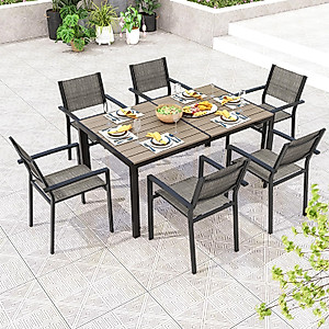 Tangkula 7 Piece Outdoor Dining Set, Patio Furniture Set w/ 6 Stackable Chairs & Large Rectangle Table, Dining Table Set for 6, Backyard, Porch, Garden, Poolside (Gray)