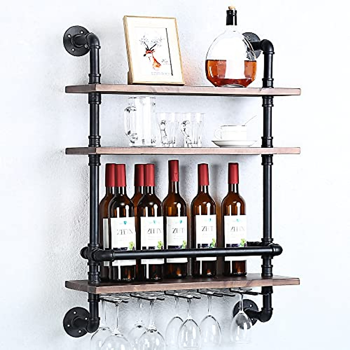 HAOVON Industrial Pipe Shelf Wine Rack Wall Mounted with 5 Stem Glass Holder,3-Tiers Rustic Floating Bar Shelves Wine Shelf,24in Real Wood Shelves Wall Shelf Unit,Pipe Shelving Glass Rack