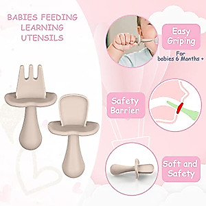 Vicloon Silicone Baby Spoons and Fork Feeding Set, 4 PCS Silicone Baby Spoons Self Feeding 6+ Months, Silicone Baby Spoons, Baby Utensils & Baby Feeding Supplies Infant First Stage(Flesh&Orange)