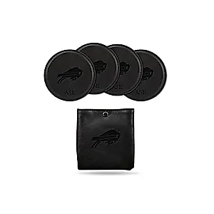 Rico Industries NFL Buffalo Bills Black Personalized Faux Leather Laser Engraved 4-Pack Coaster Set with Pouch - Great Beverage Accessory for Game Day