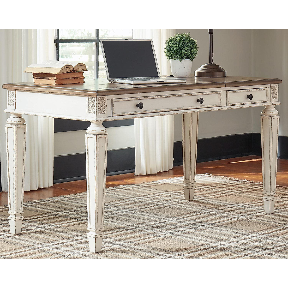 Signature Design by Ashley Realyn French Country 60" Home Office Lift Top Desk with USB Charging, Chipped White
