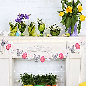 Tatuo Easter Wool Felt Egg Garland Handmade Bunny Pom Pom Garland Colorful Wool Felt Egg Balls Decorations for Spring Easter Indoor Outdoor Home Party Hanging Decor