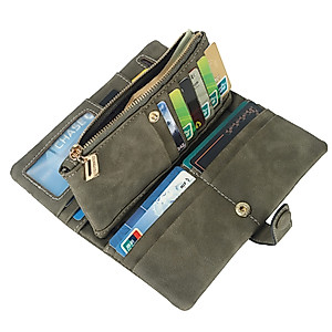 Women Vegan Leather Wallet Bifold Clutch Large Capacity Card Organizer Buckle Long Purse for Girls Candy Color (Dark-Green)