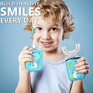 Kids U Shaped Toothbrush Dinosaur Electric Ultrasonic Automatic Brush with 6 Modes Replacement Brush Head IPX7 Waterproof Powered Smart Timer Auto Clean for Children 2-6 Years Old