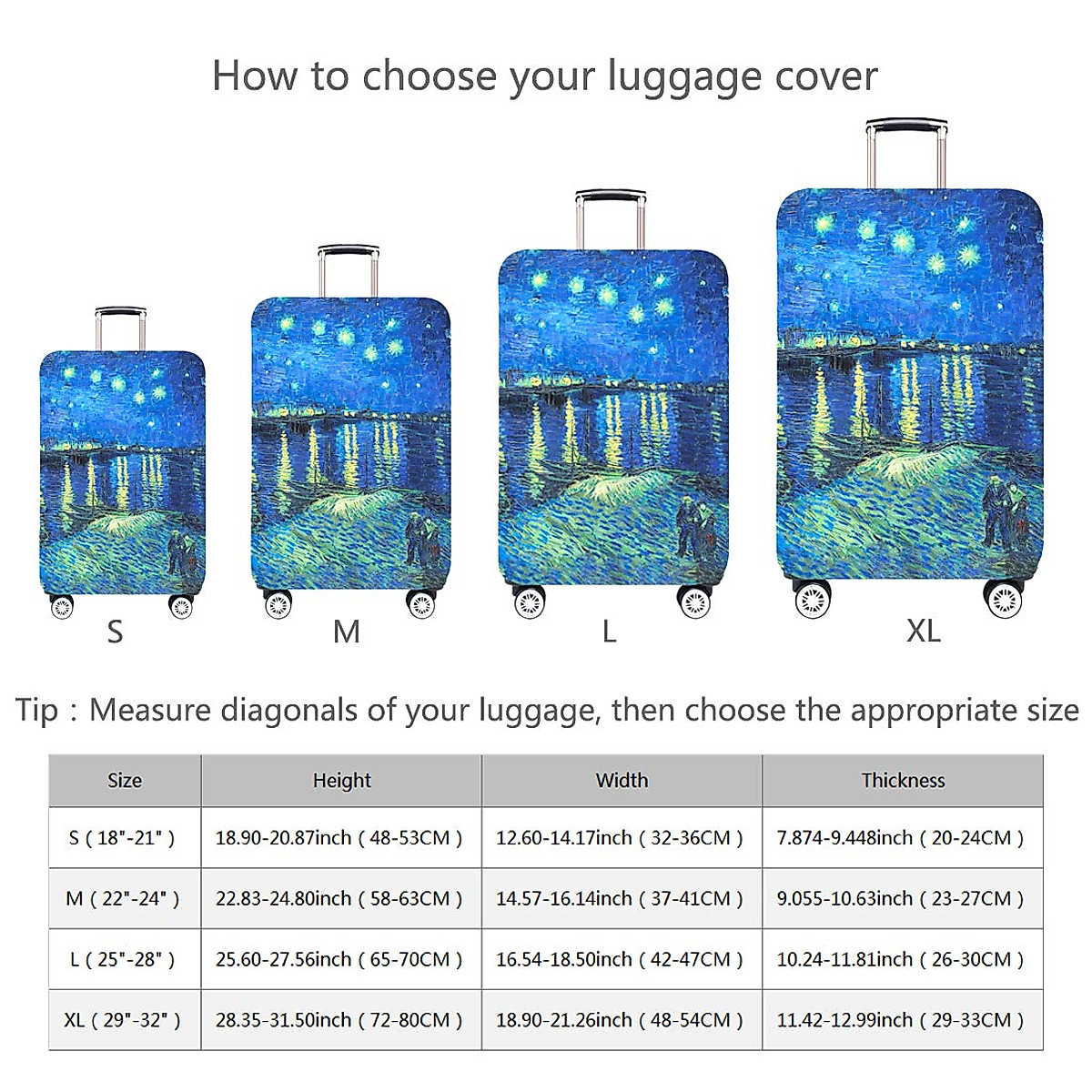 TRAVEL KIN Thickened Luggage Cover ，Washable Travel Gear Cover，18/24/28/32 Inch Suitcase Spandex Protective Cover (XL(29"-32" luggage), Starry Night Over the Rhone)