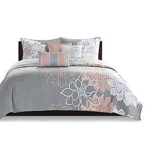 Madison Park Lola 100% Cotton Quilt Set - Casual Floral Channel Stitching Design, All Season, Lightweight Coverlet Bedspread Bedding, Shams, Decorative Pillows, King/Cal King(104"x94"), Blush 6 Piece