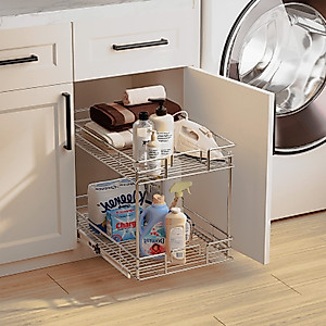 ROOMTEC New Version Pull Out Cabinet Organizer for Base Cabinet (17" W X 21" D), Kitchen Cabinet Organizer and Storage 2-Tier Cabinet Pull Out Shelves Under Cabinet Storage for Kitchen Silver,Chrome