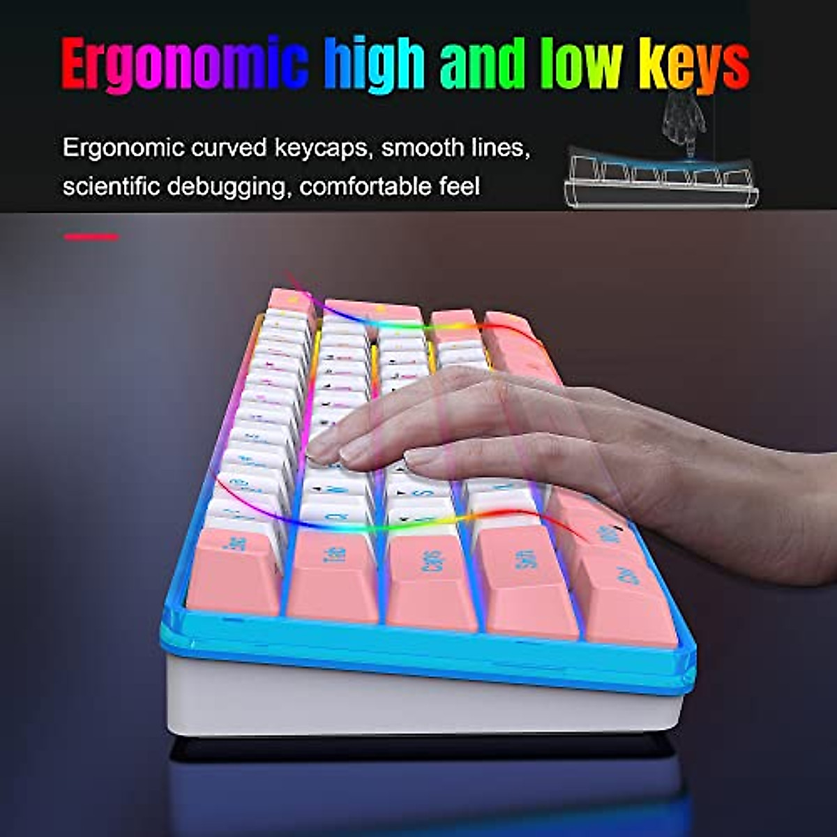 Snpurdiri 60% Wired Gaming Keyboard, True RGB Backlit Ultra-Compact Mini 61 Keys Keyboard for PC/Mac Gamer, Typist, Travel, Easy to Carry on Business Trip(Pink-White)