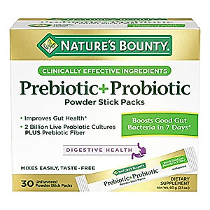 Nature's Bounty Prebiotic + Probiotic Powder Stick Packs with Bimuno, Digestive Health, Powder Sticks, Unflavored, 30 Ct