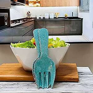 UPware 2-Piece 10.75 Inch Melamine Salad Server Serving Utensil Set Includes Salad Spoon and Salad Fork (Crackle, Turquoise)