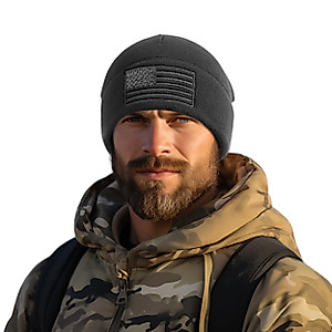 American Flag Fleece Watch Cap, USA Multi-Season Army Military Tactical Beanie, Winter Warm Beanie, Black, One Size