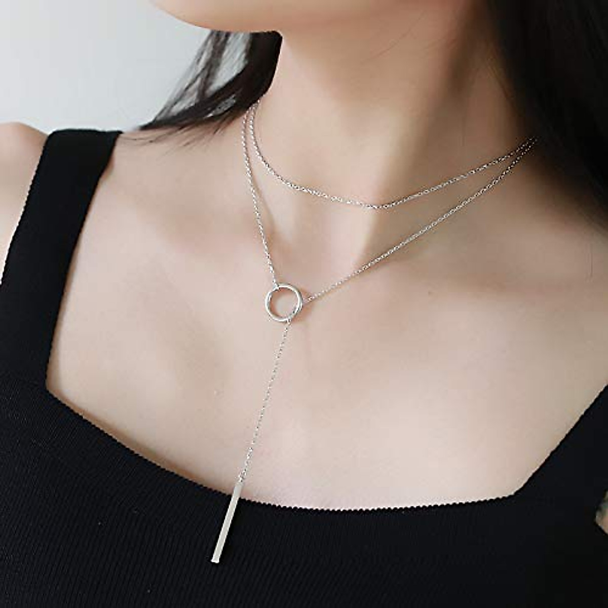 925 Sterling Silver Round Stick Cross Bar Lariat Y Pendant Necklace Long Tassel Sweater Chain for Women Gift (Sterling Silver)