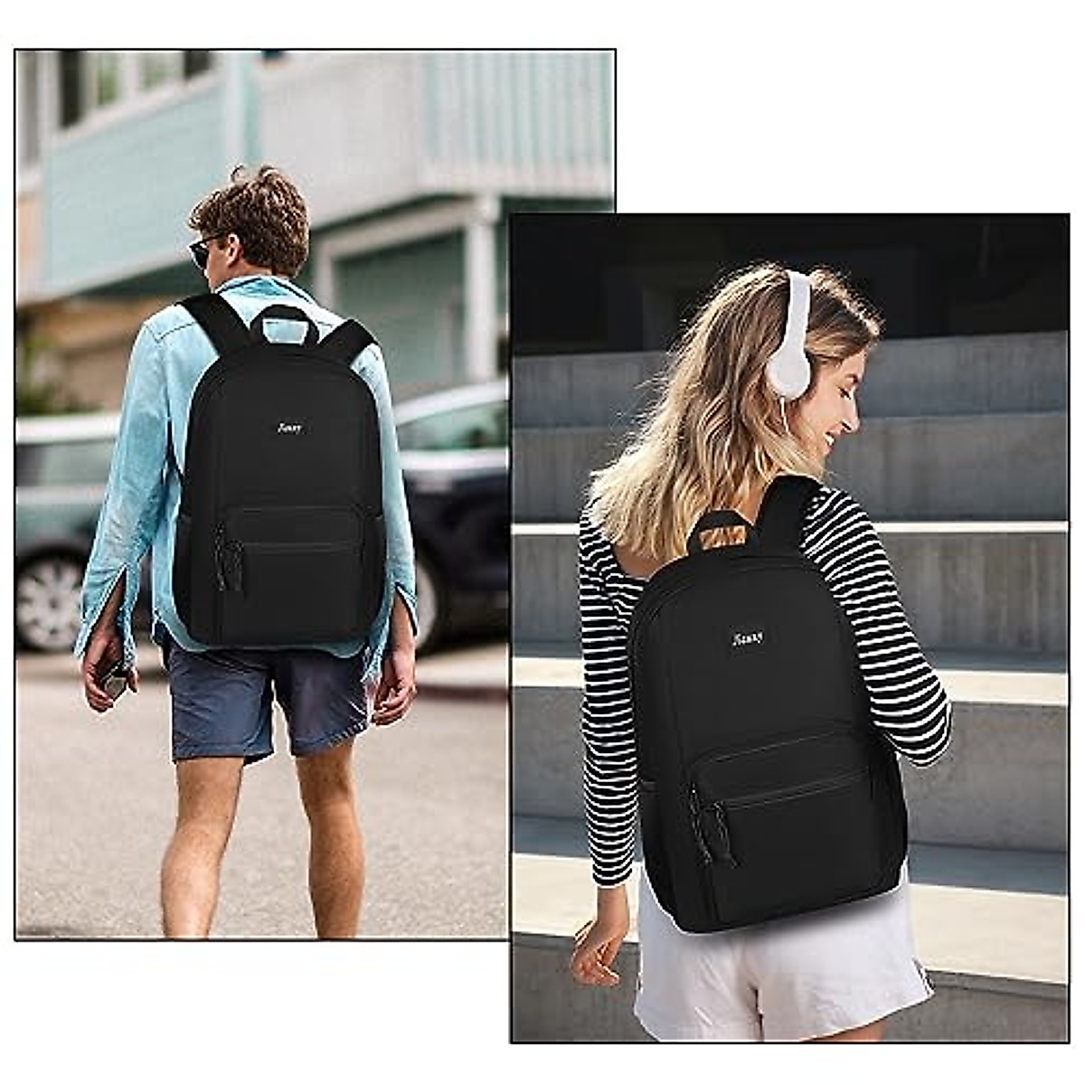 Jiauny School Backpack,Lightweight Bookbag Classic Scoolbag Laptop Backpack with USB Charging Port for High School Teens College Students Work Office Adult,Black