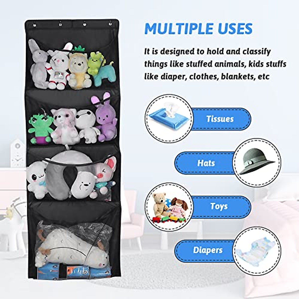 Stuffed Animal Organizer, 4 Pockets Over Door Organizer for Stuffies and Toy Plush, Kids Bedroom Organization Animal Storage Net Hammock with Hooks, Hanging Toy Plush Storage for Nursery, Bedroom