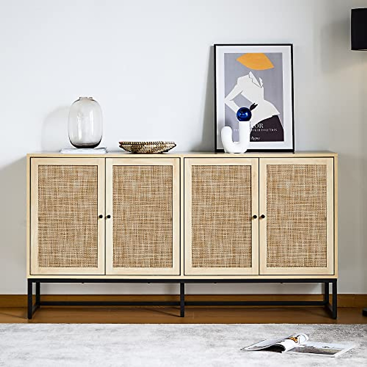 QEIUZON Modern Sideboard Cabinet, Accent Storage Cabinet with Rattan Doors and Adjustable Shelves, Freestanding Sideboard Storage Cabinet for Kitchen Dining Living Room Office (Natural)
