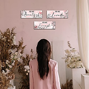 3 Pieces Floral Wooden Hanging Wall Art Positive Quotes You Are Loved You Are Beautiful You Are Enough Inspirational Word Sign Decors for Teen Girls Women Room (Pink. 4 x 11 Inch)