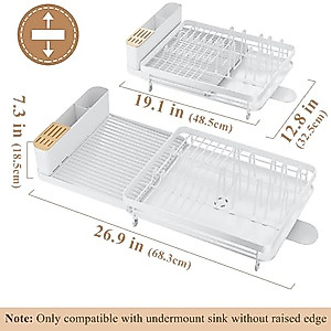Dish Drying Rack, Auto-Drain Expandable(19.1"-26.9") Kitchen Counter Dish Drainers Rack, Stainless Steel Large Strainers Drying Rack with Drainboard Pan Holder Utensil Holder Caddy Organizer, White