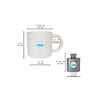 Lemur Ceramic Coffee Mug with Stainless Steel Flask - 12 oz White Speckled Mug, 1 oz Hip Flask Attached with Leather Strap