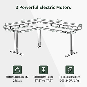 FEZIBO Triple Motor 75" L Shaped Standing Desk with 5 Drawers, Reversible Electric Standing Gaming Desk Adjustable Height, Corner Stand up Desk with Splice Board, White Frame/Light Walnut Top