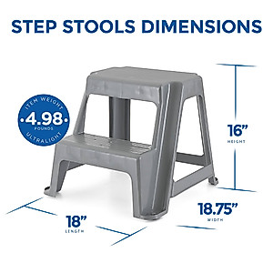 Gracious Living 16-Inch Tall Plastic 2 Step Stool, Portable Dual Step Ladder Foot Stool for Kitchen, Bathroom, Bedroom, and Garage, Gray (4 Pack)