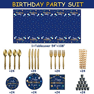 Capoda Birthday Party Supplies Happy Birthday Tableware Set Confetti Starry Tablecloth Plates Cups Napkins Dinnerware for Kids Adults Party Supplies Decor(Navy Blue and Gold)