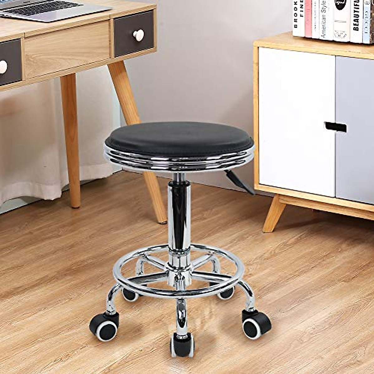 KKTONER Round Rolling Stool with Foot Rest PU Leather Height Adjustment Modern Industrial Metal Style Swivel Spa Salon Tattoo Work Massage Stools Small (Black)