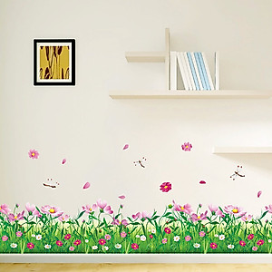 Amaom® Removable Beautiful Nursery Pink Butterfly Flowers Baseboard Wall Decals Murals Home Art Decor Peel Stick Wall Stickers for Wall Corner Kids Room Bedroom Living Room Decorations