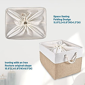 HOdo Home Fabric Storage Bin with Drawstring Closure and 2 Bold Handles, Collapsible Large Canvas Storage Baskets for Organizing Shelf Nursery Home (White and Yellow, 15.8L×11.8W×9.5H - 4Pack)