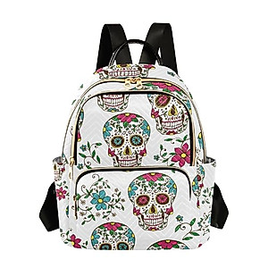 Yasala Halloween Women Backpack Sugar Skull Floral Blue Pink Travel Bag Compact Daily Bag Diaper Bag
