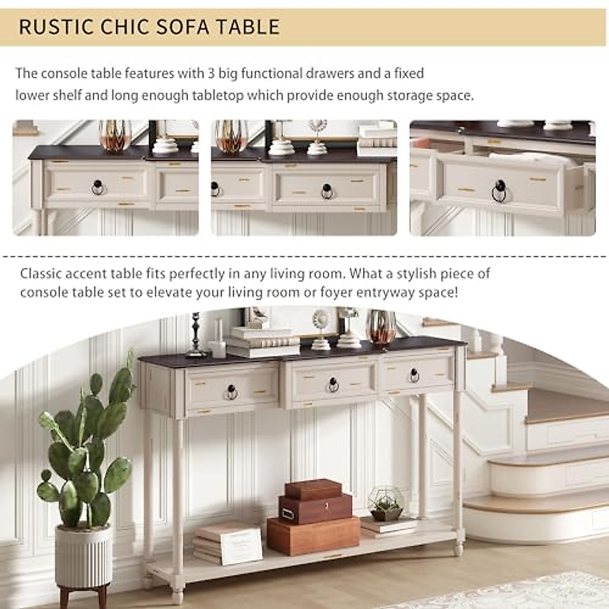 Merax Long Wood Console Table with 3 Drawers, Entryway Table with Storage Shelf, Long Sofa Table for Living Room, Beige