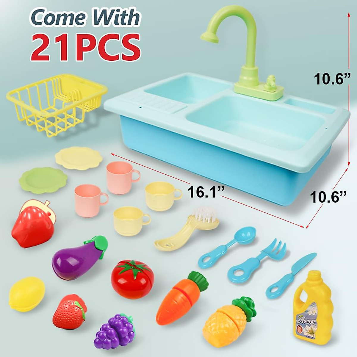 XINGYING Play Sink with Running Water, Kitchen Sink Toys for Toddlers w/Automatic Water Cycle System, Dish Rack, Cutting Food, Utensils Tableware Accessories, Kids Sink Pretend Play for Boy Girls