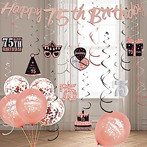 WOJOGO 75th Birthday Decorations for Women, Rose Gold 75 Birthday Decorations For Women, Happy 75th Birthday Banner Hanging Swirls Birthday Cake Topper Balloons Decor Kit for Party Supplies