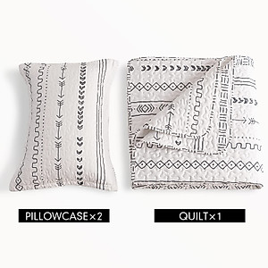DURLENGEN White Quilt Set King Size 3Pcs,Bohemian Design with White & Black Geometric Pattern Printed on White, All Season Lightweight Coverlet Sets(King 106x96,Boho White)