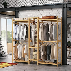 Homykic Bamboo Closet System Clothes Rack, Large Freestanding Garment Rack Clothing Rack for Hanging Clothes with 7 Storage Shelves and 5 Rods, Open Wardrobe Organizer with 4 Hooks, Natural