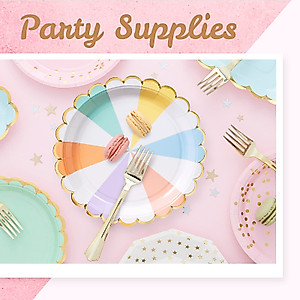 Confettiville Party Paper Plates, 50-Pack, Disposable Paper Plates, Gold Foil Scalloped Edge, Striped Pastel, 9-Inch